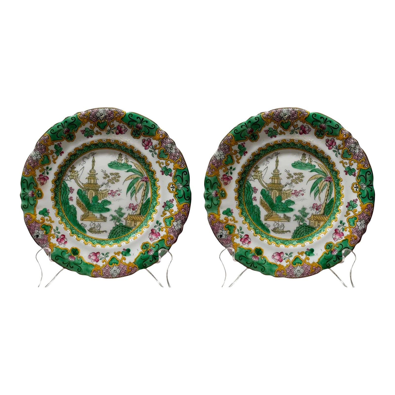 Royal Doulton Green Oriental Garden Plates - a Pair | Chairish