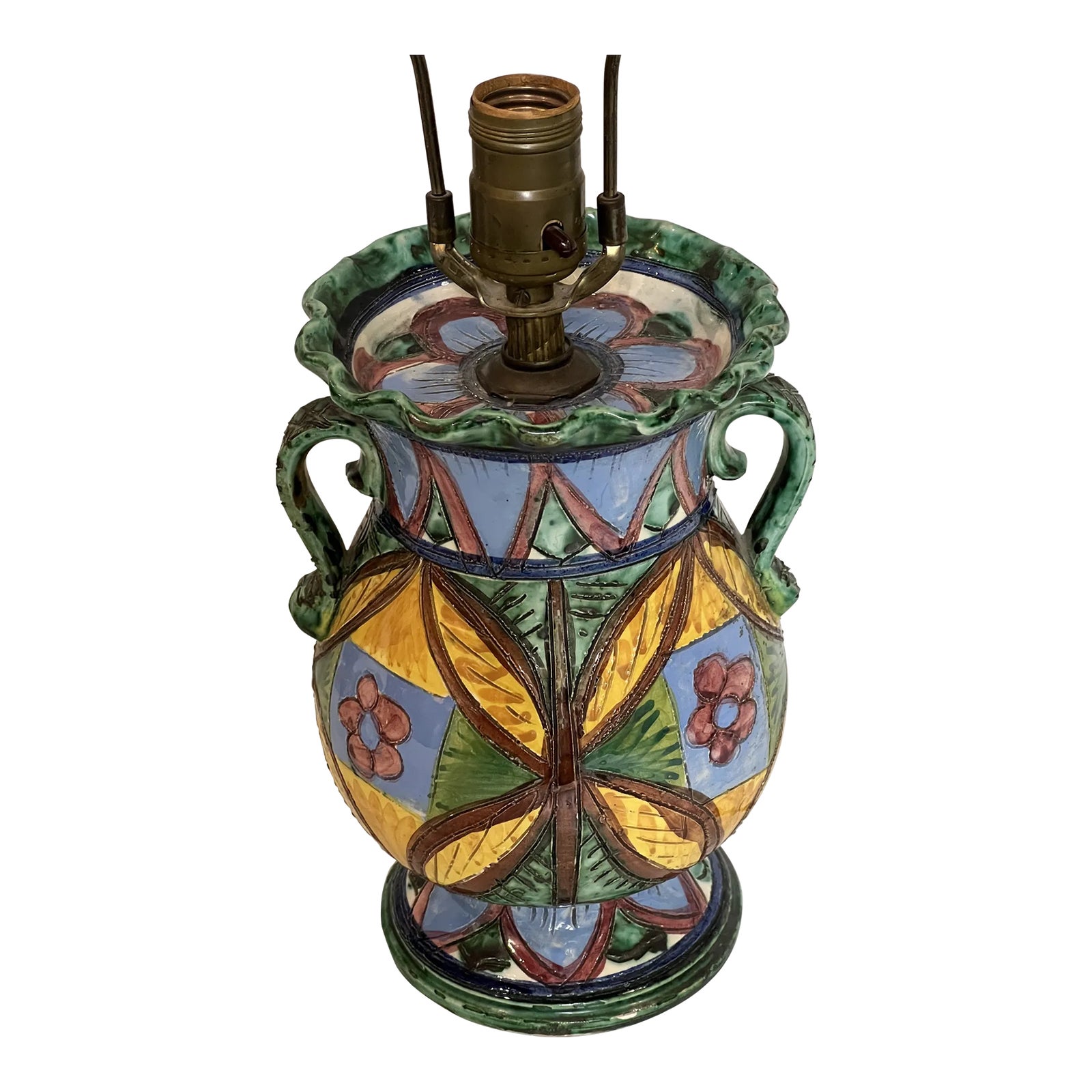 Vintage Italy Majolica Sgraffito Flower Pottery Table Lamp With | Chairish