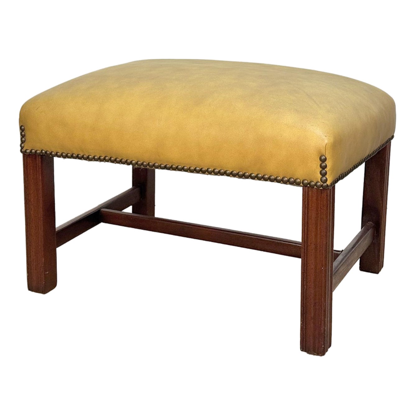 Vintage Traditional Gold Leather & Mahogany Ottoman | Chairish
