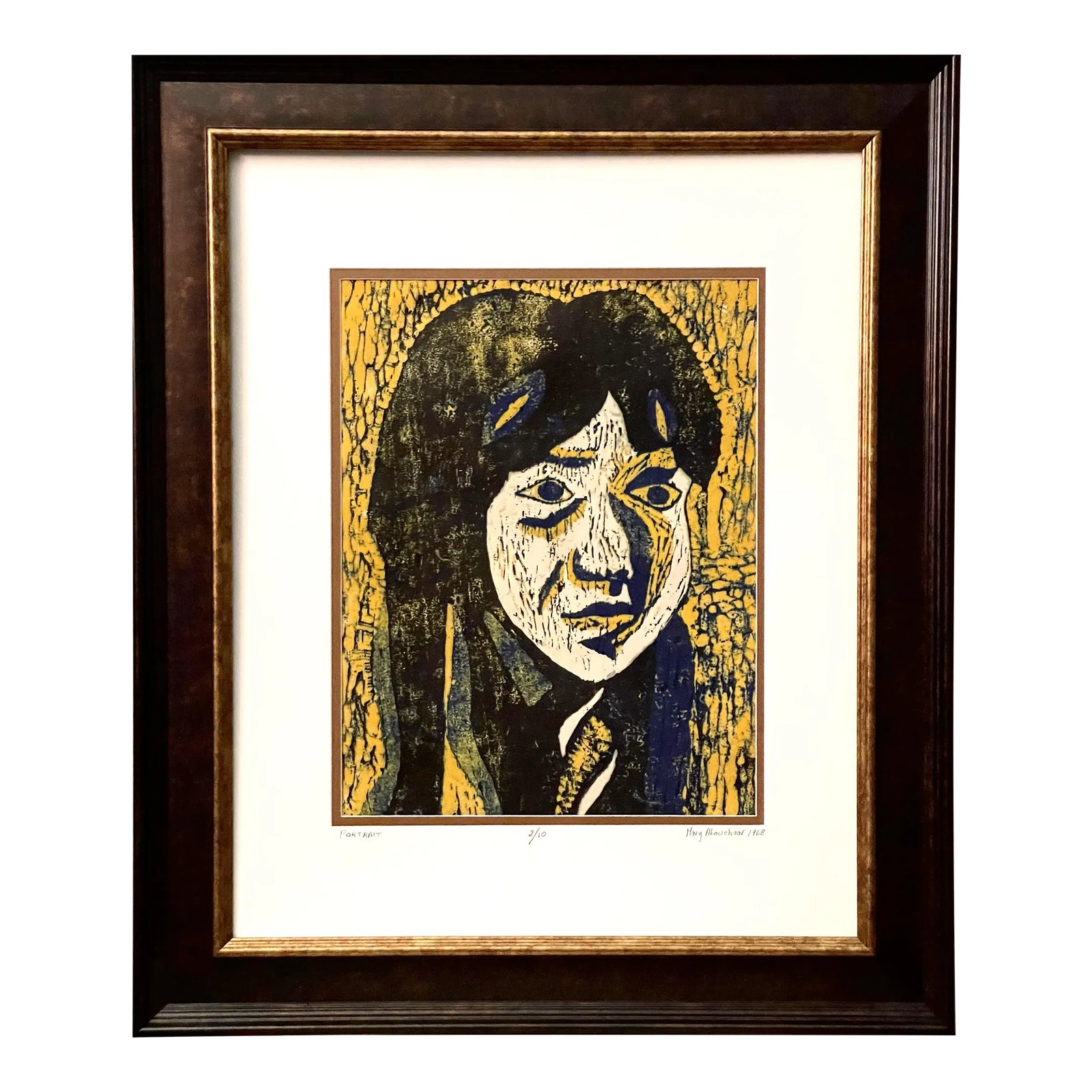 Vintage Original Tri-Color Woodprint Portrait in Brown Frame on ...