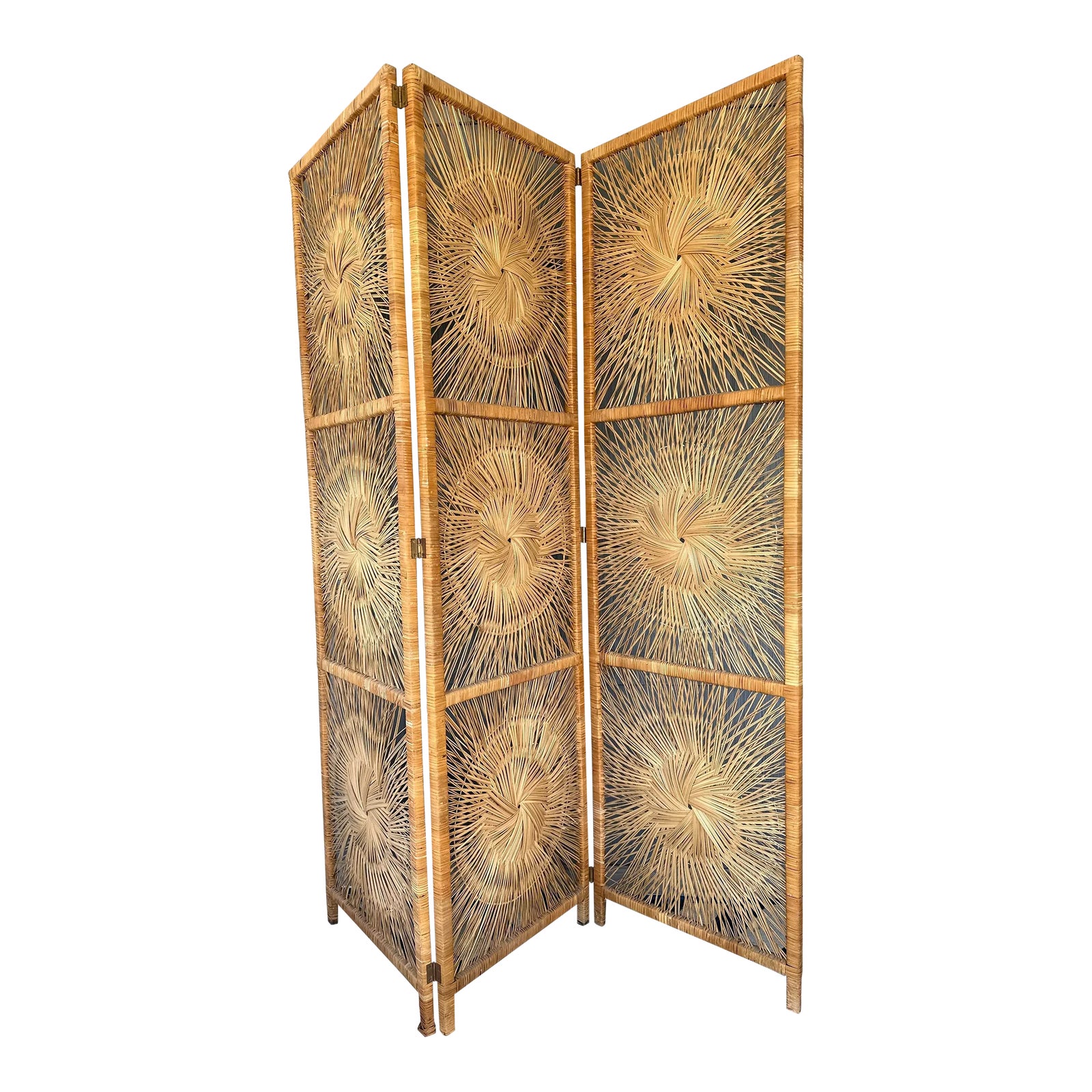 Vintage 1970s Mid-Century Modern Sunburst Rattan Folding Screen Room ...