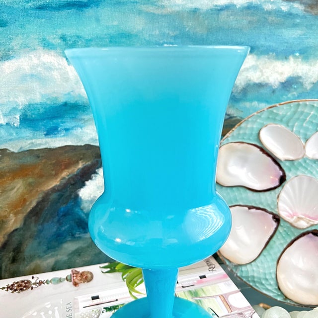 Late 20th Century Turquoise Blue Opaline Stemmed Glass Vase | Chairish