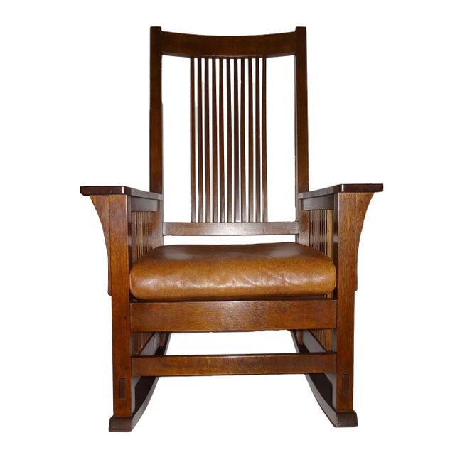 1990s Vintage Stickley 376 Spindle Rocker With Brown Leather Seat ...