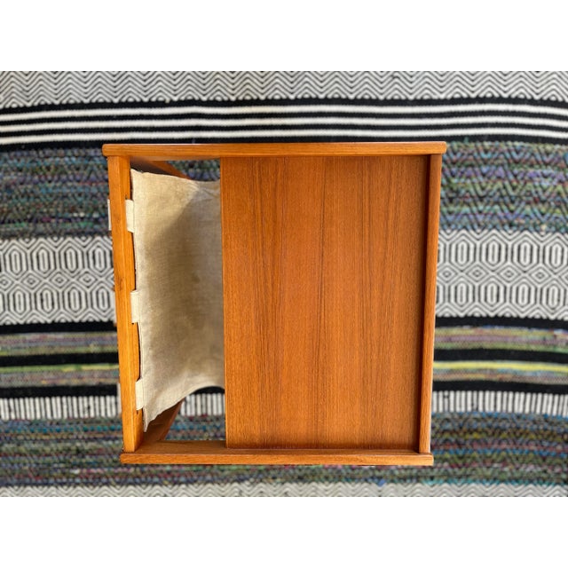 1960s Bent Silberg Linen and Teak Magazine Holder End Table. | Chairish