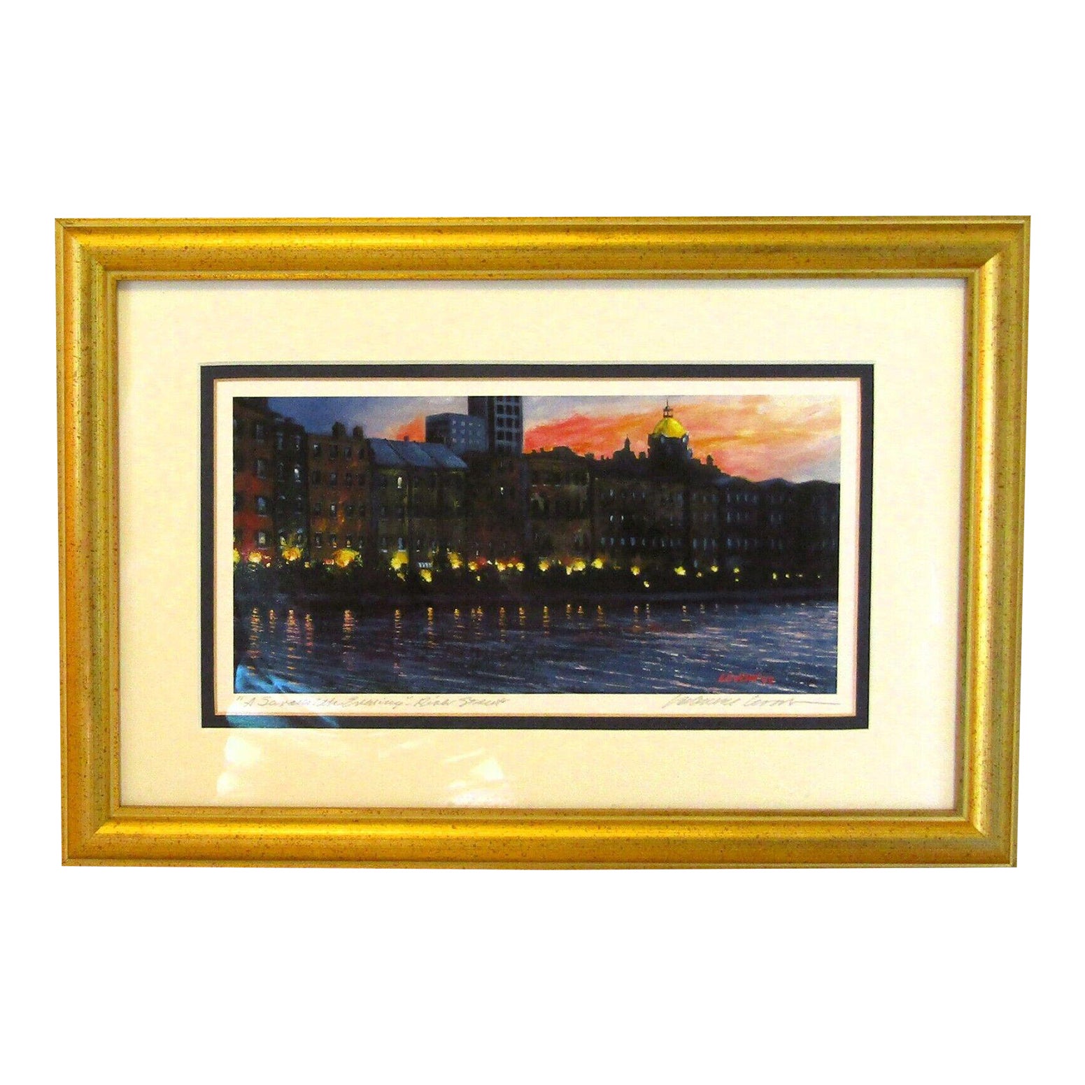 1990s Framed Lawrence Levow City Along Water at Night Lithograph | Chairish