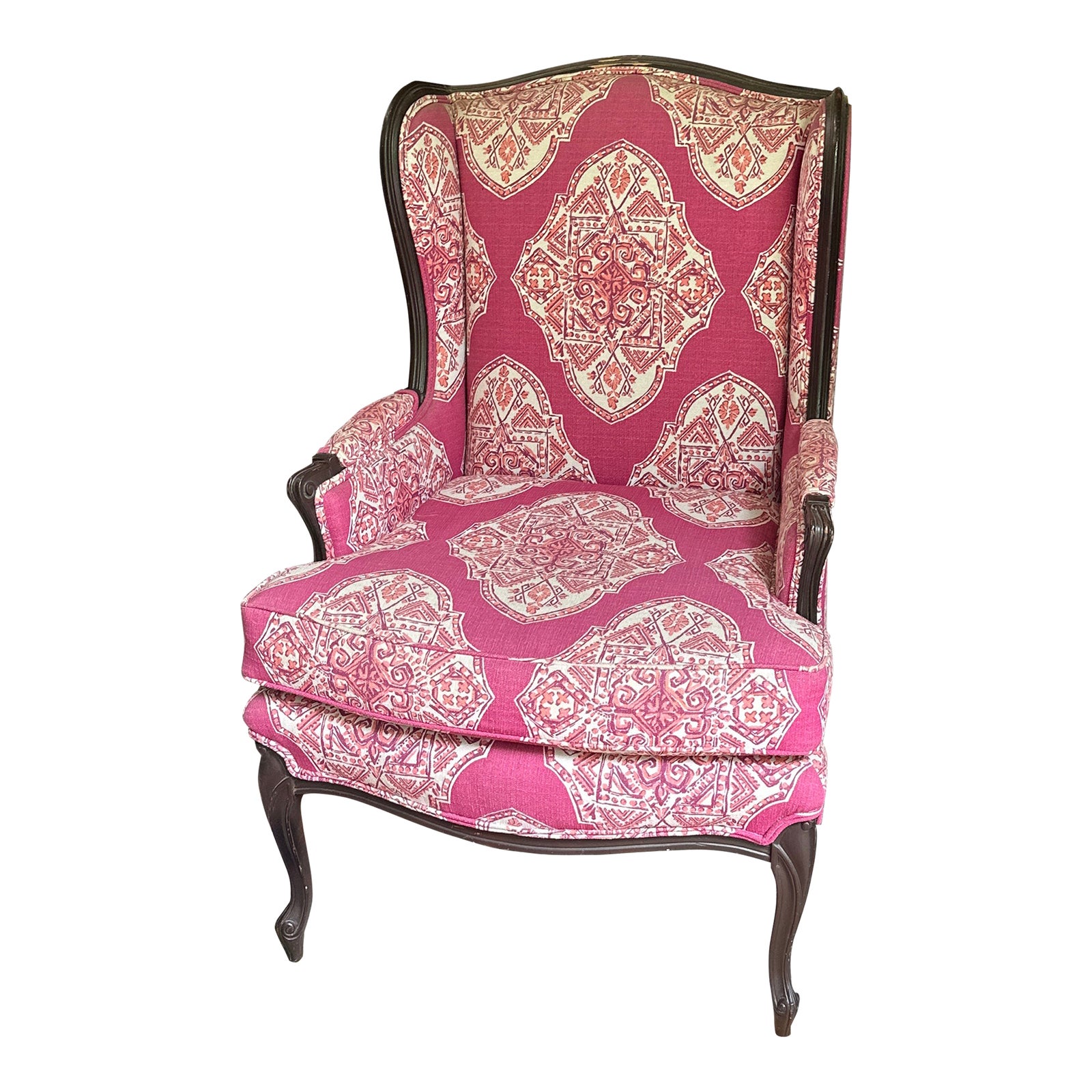 1970s Pink Cushioned Chair With Wooden Accents | Chairish