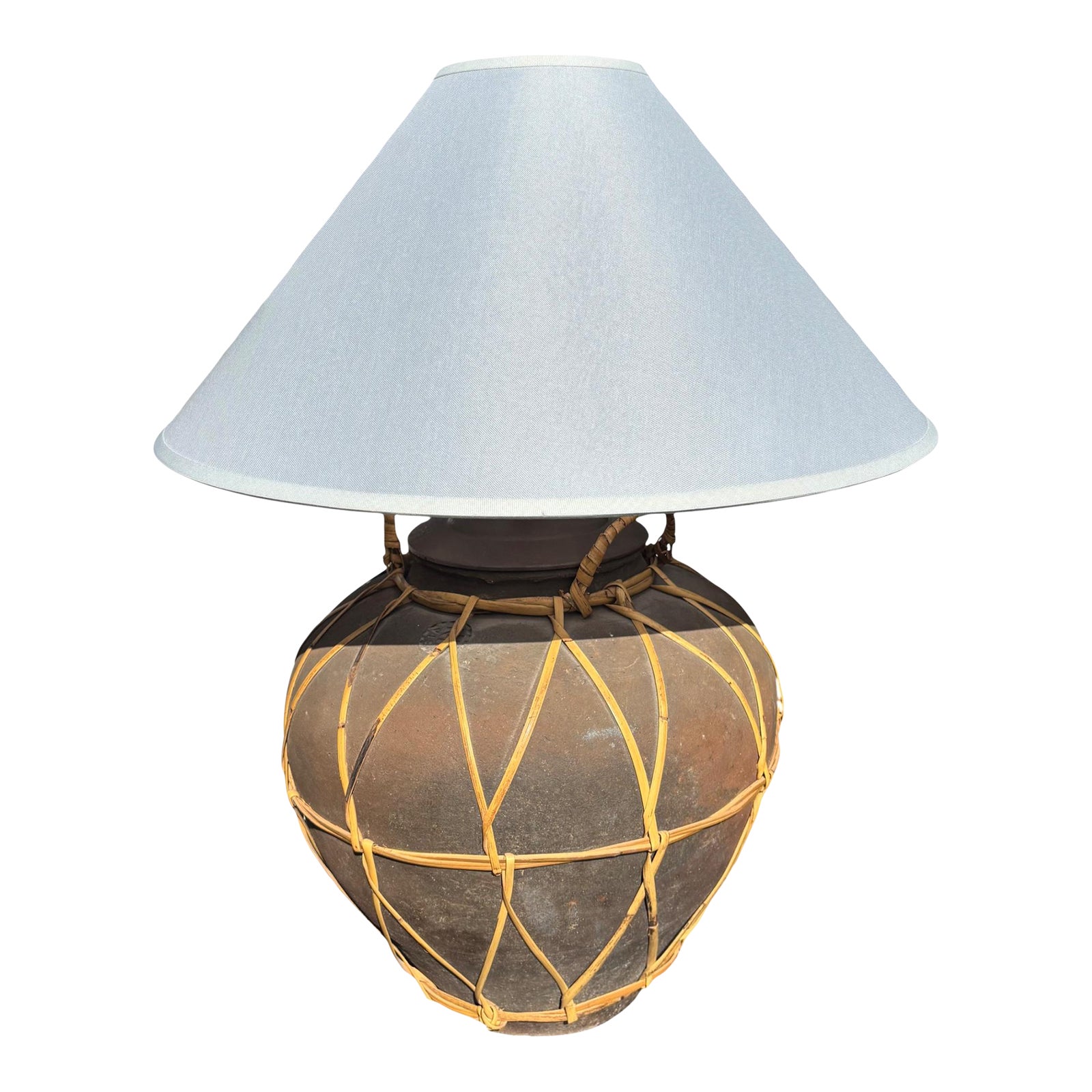 Monumental Martaban-Style Stoneware Water Jar Table Lamp With Woven ...
