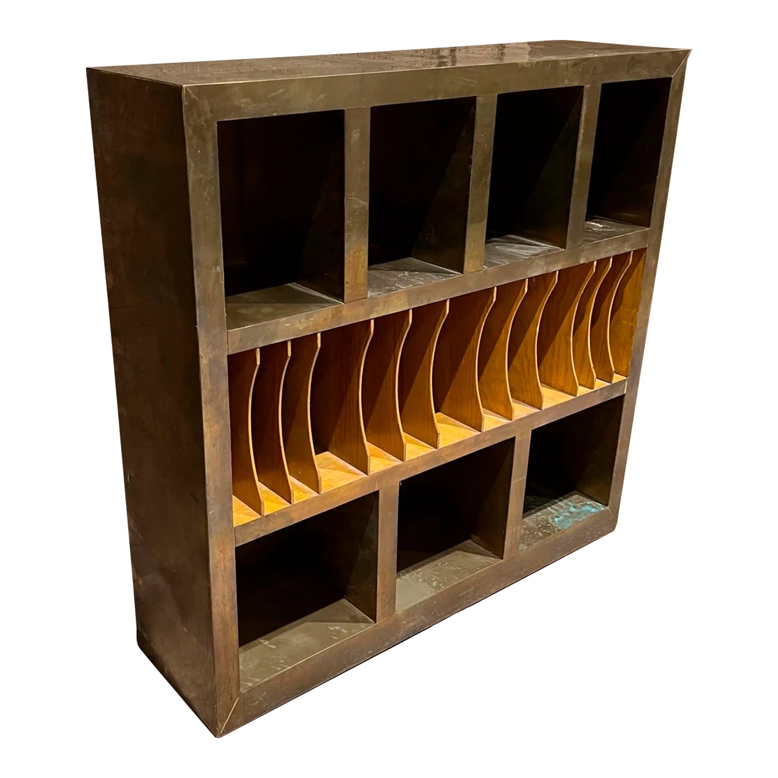 1980s Custom Bookcase Sectioned Storage Rustic Wood Brass | Chairish