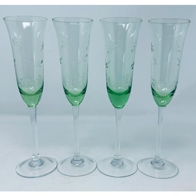 Vintage Green Colored Glass Champagne Flutes With Etched Floral Leaves ...