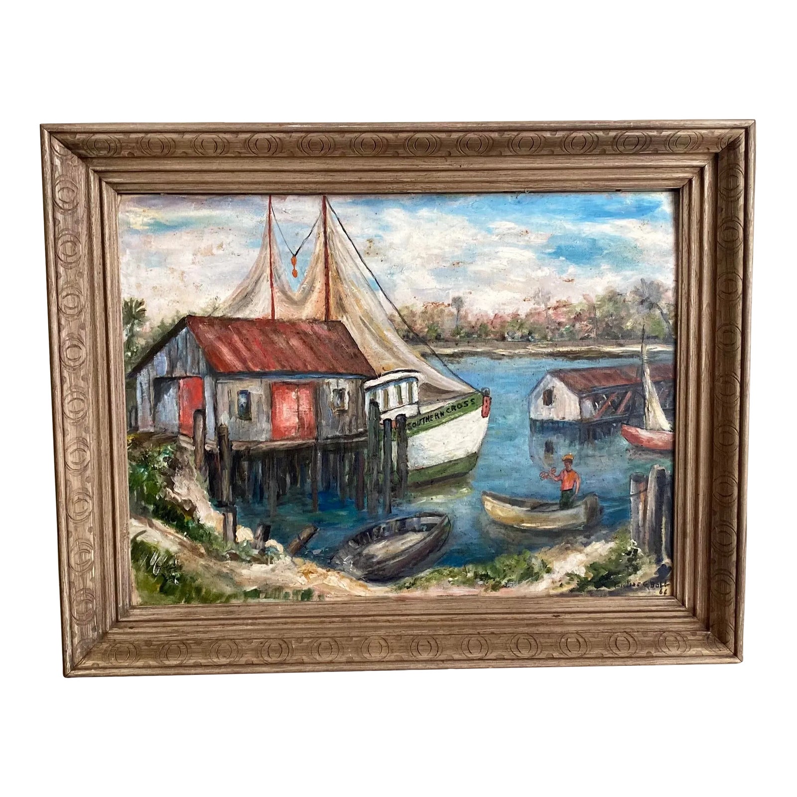 Vintage 1960s Harbor Scene Painting With Boats and Lobster Fisherman ...