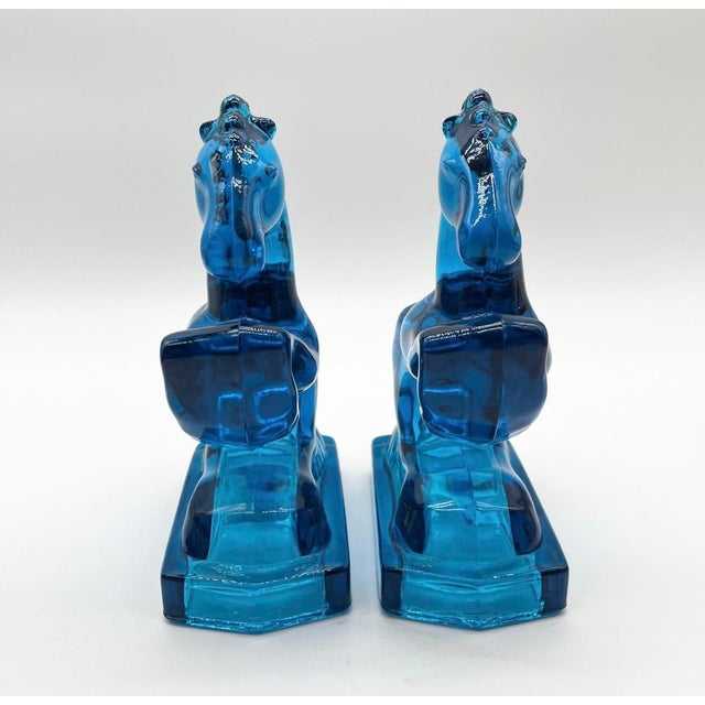Pair of l.e. Smith Blue Glass Horse Bookends | Chairish