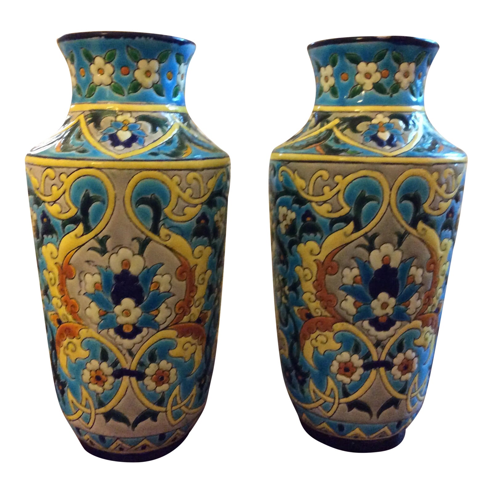 19th Century French Enameled Longwy Vases - a Pair | Chairish