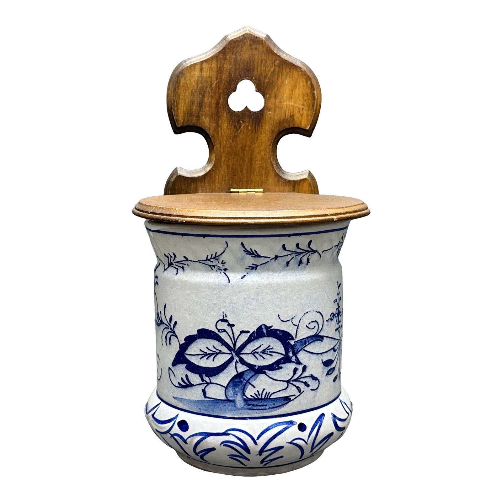 Vintage “Blue Onion” Flow Blue Ceramic Salt Box With Wooden Wall Mount ...
