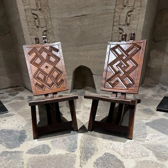 1960s Modern Africa Low Tribal Chief Chairs Geometric Wood - a Pair ...
