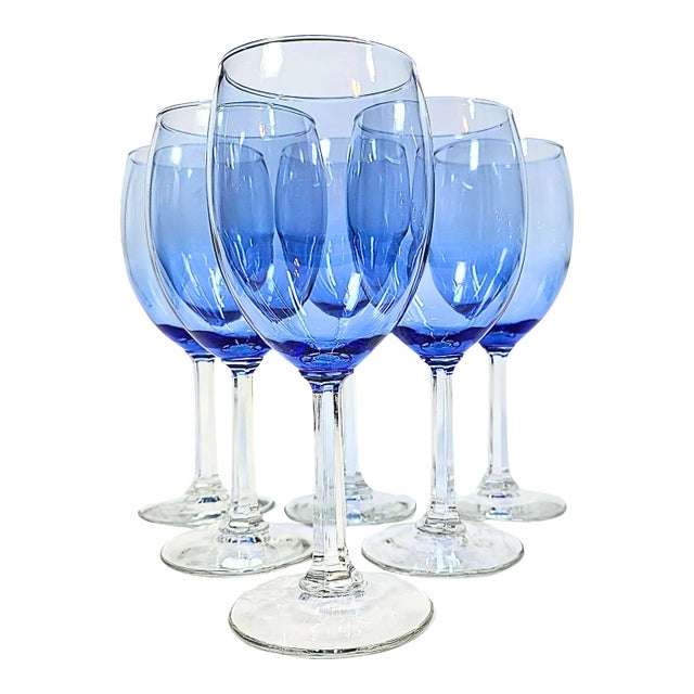 Pillar Stemmed Blue Goblets- Set of Six | Chairish