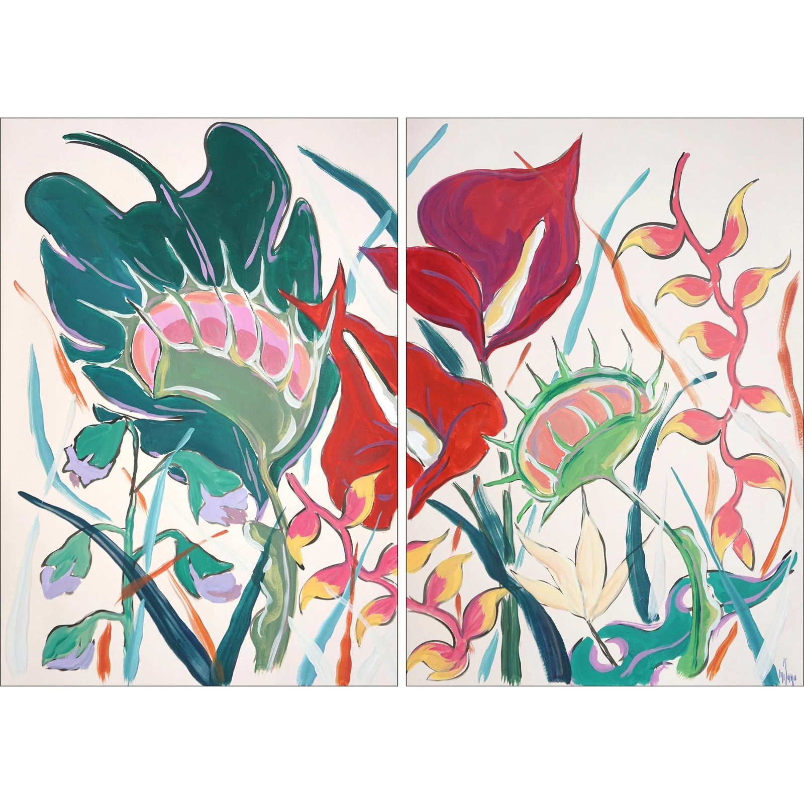 2025, Large Illustration, Botanical Diptych of Venus Trap Bloom ...