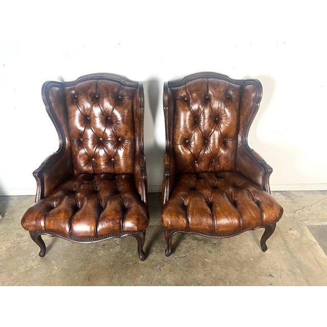 Pair of French Leather Tufted Wingback Chairs C. 1930 | Chairish