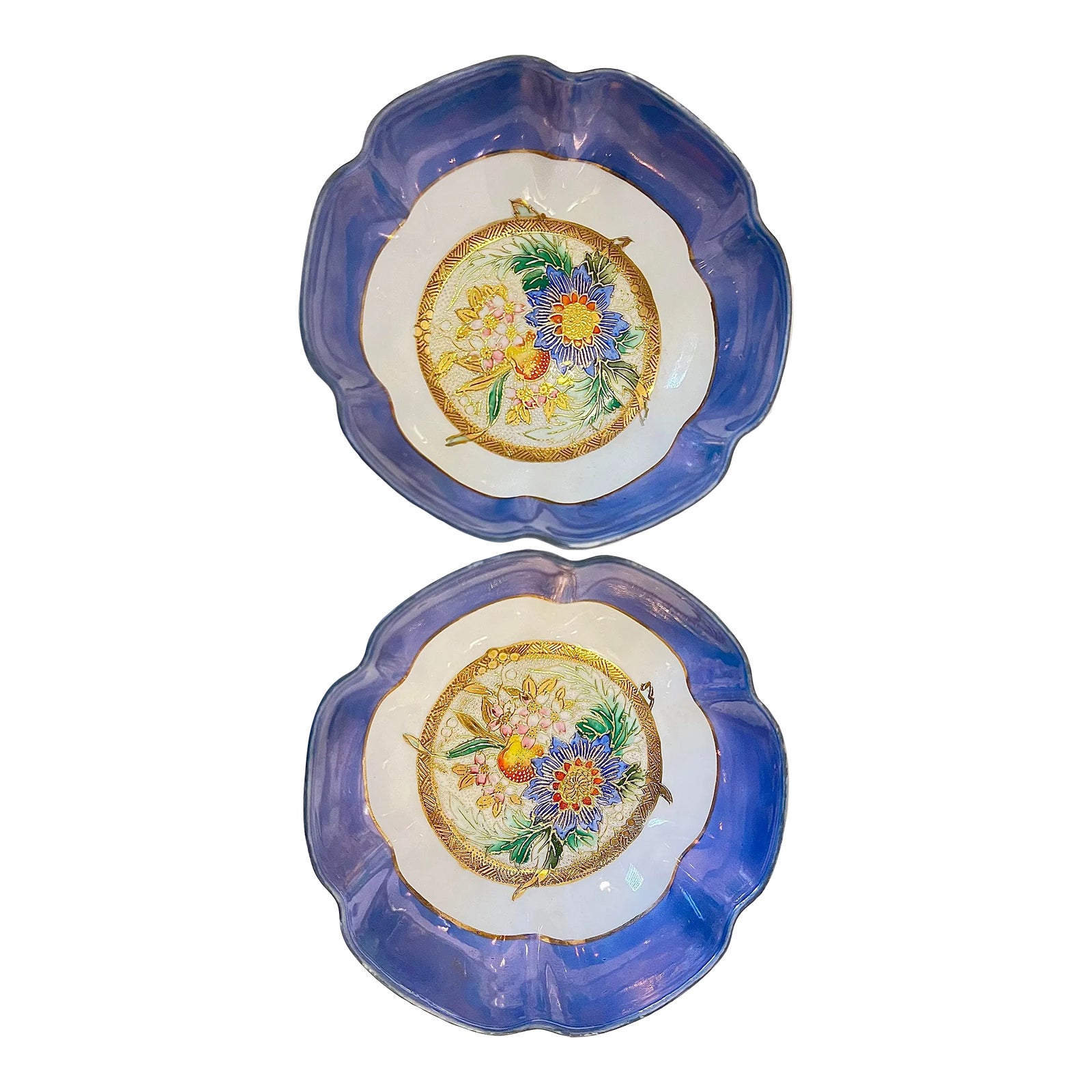 Pair of Vintage Blue Noritake China Lusterware Footed Bowls With Flower ...