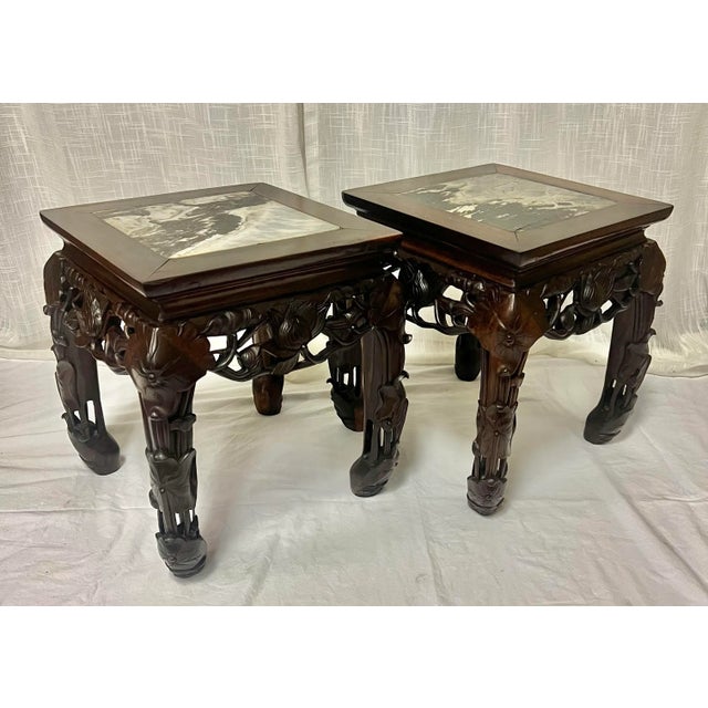 Vintage Asian Carved Wood Side Tables Stands With Lotus Flower Design ...