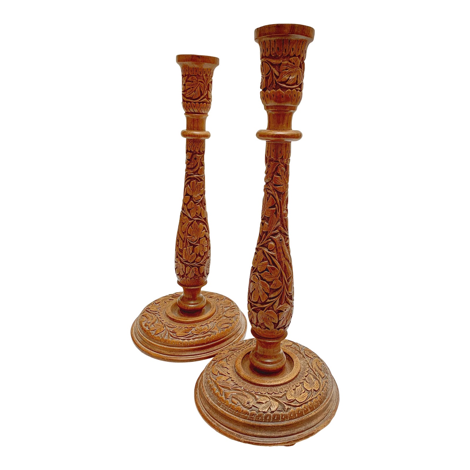 Vintage European Carved Wood Candle Holders, a Pair | Chairish