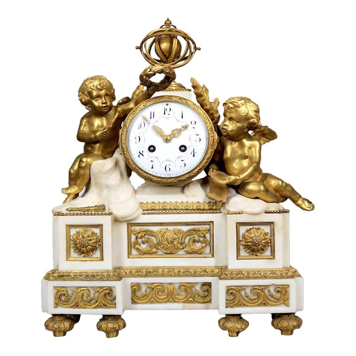 1860 French Louis XVI Gilt Bronze Marble Mantel Clock | Chairish