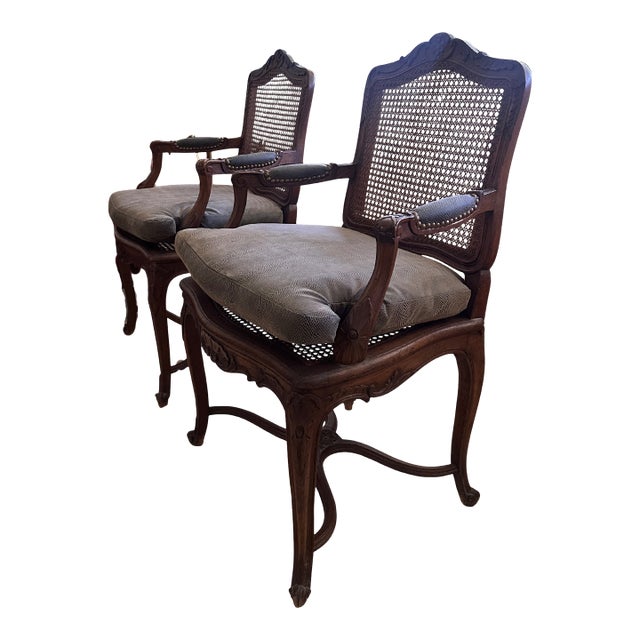 Late 20th Century Pair of Louis XV–Style Caned Back Armchairs | Chairish