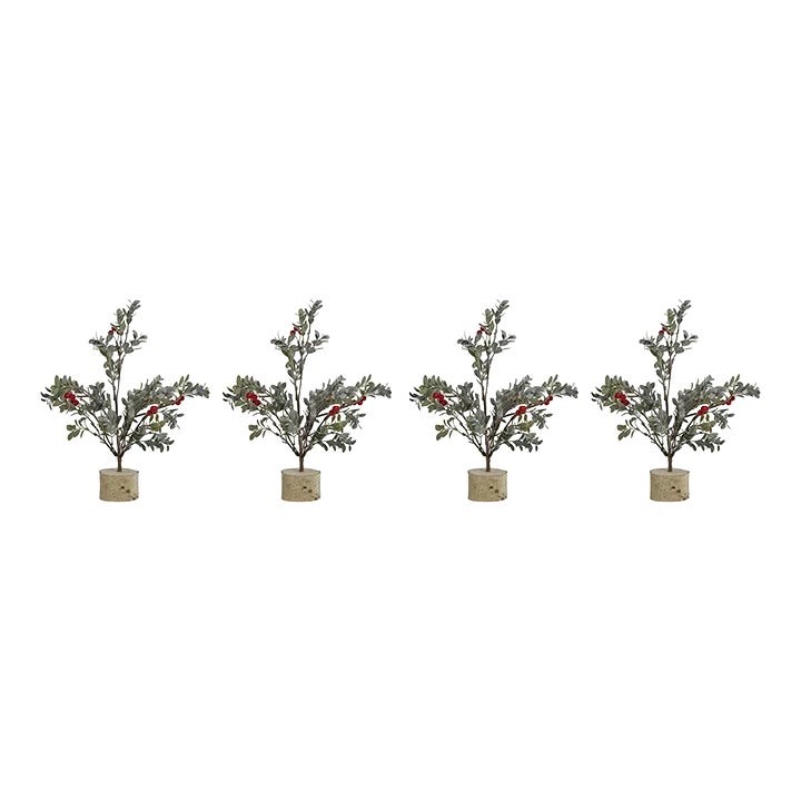 4-Piece Set Frosted Mistletoe Tree with Red Berries on Birch Base ...