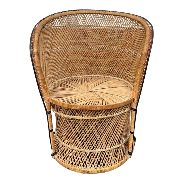 Late 20th Century Vintage Boho Woven Wicker Rattan Round Chair | Chairish