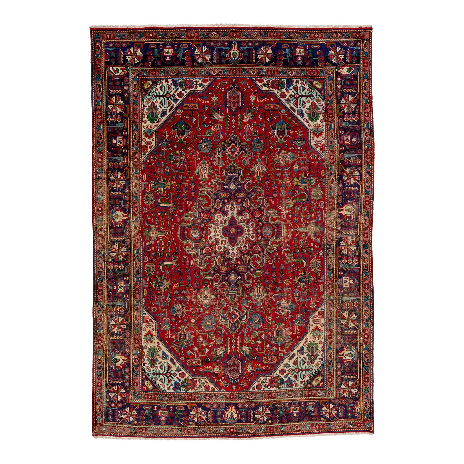 1960s Red Vintage Heris Distressed Wool Rug Handmade With Medallion ...