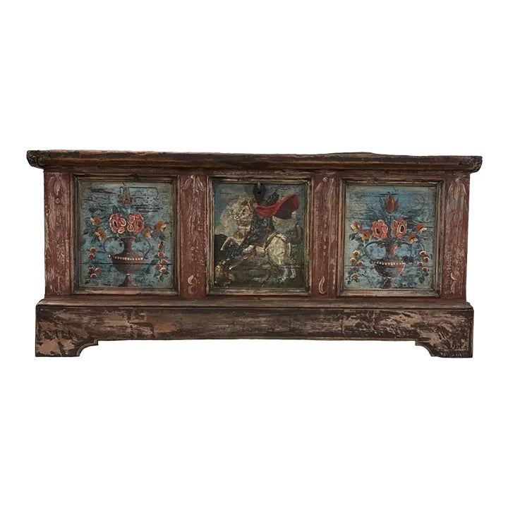 Austrian Hand Painted Wood Coffer Trunk Chest Mid 19th Century | Chairish