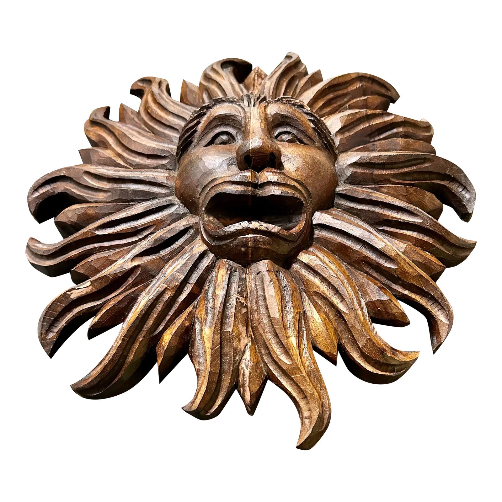 Large Mid 20th Century Hand-Carved Wooden Sun Face Plaque | Chairish