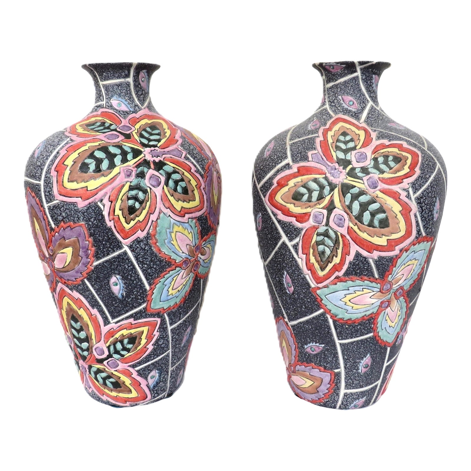 Pair of 15" Abstract Art Pottery Vases Post Modern | Chairish