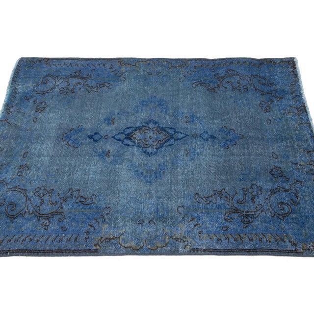 Blue Handmade Persian Overdyed Wool Rug With Medallion Motif | Chairish