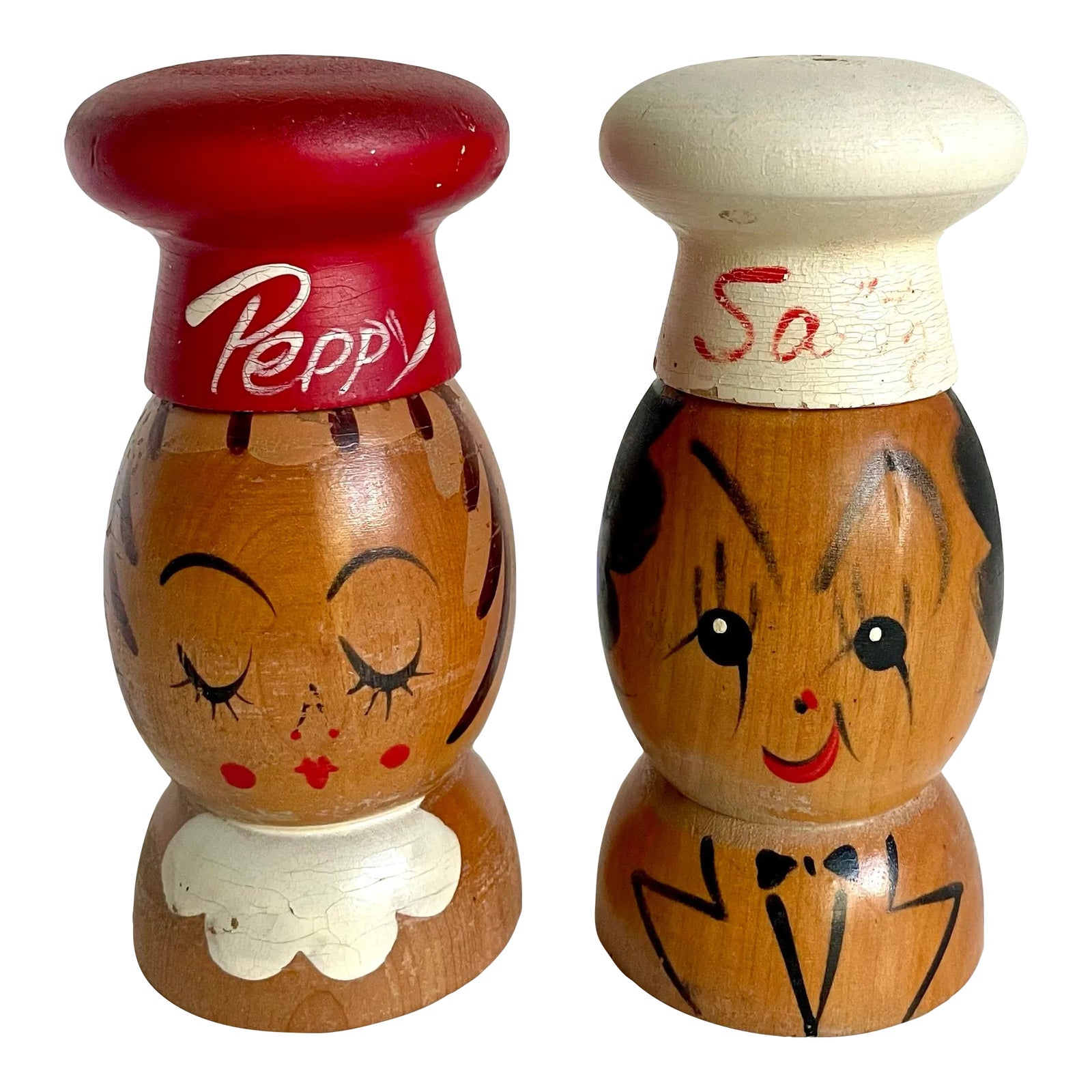 Vintage Salty and Peppy Hand Painted Wooden Salt and Pepper Shakers Chairish