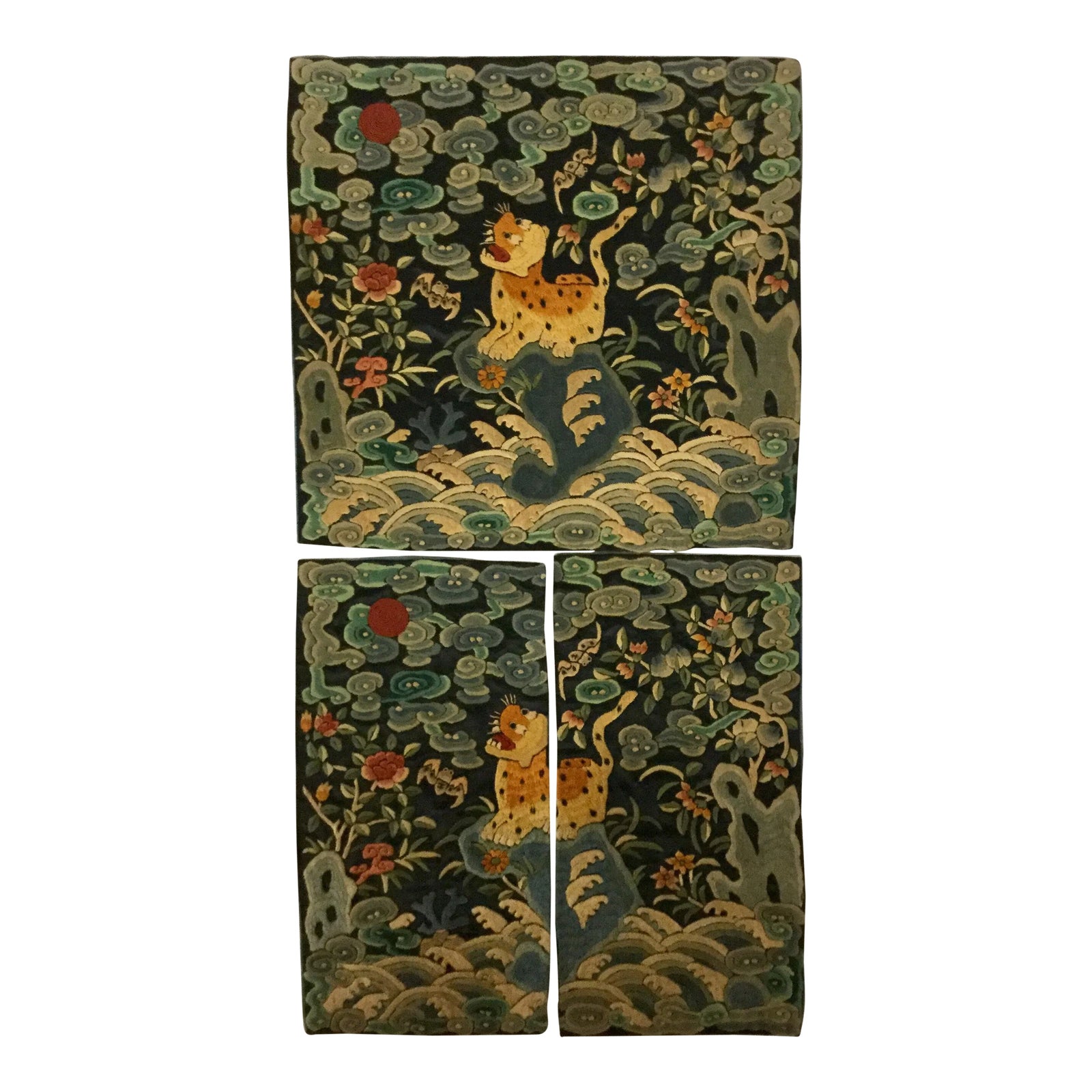 Antique Chinese Hand Embroidered Silk Rank Badges - Set of 3 | Chairish