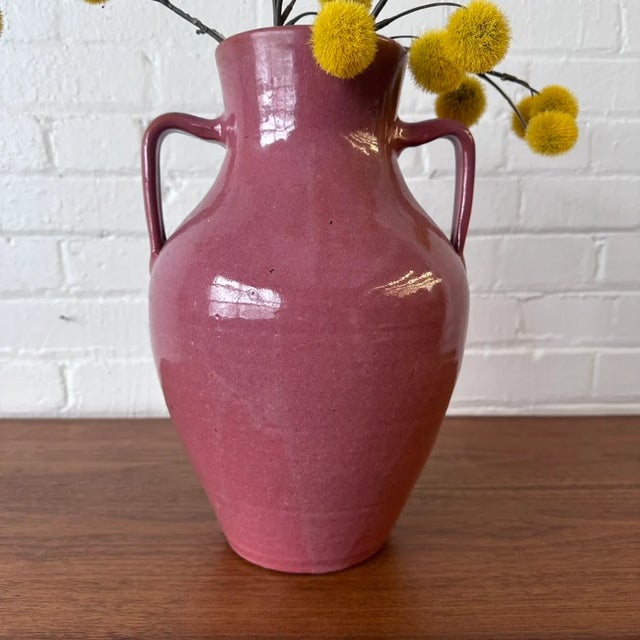 Ceramic Raspberry Pink Pottery Vessel With Handles | Chairish