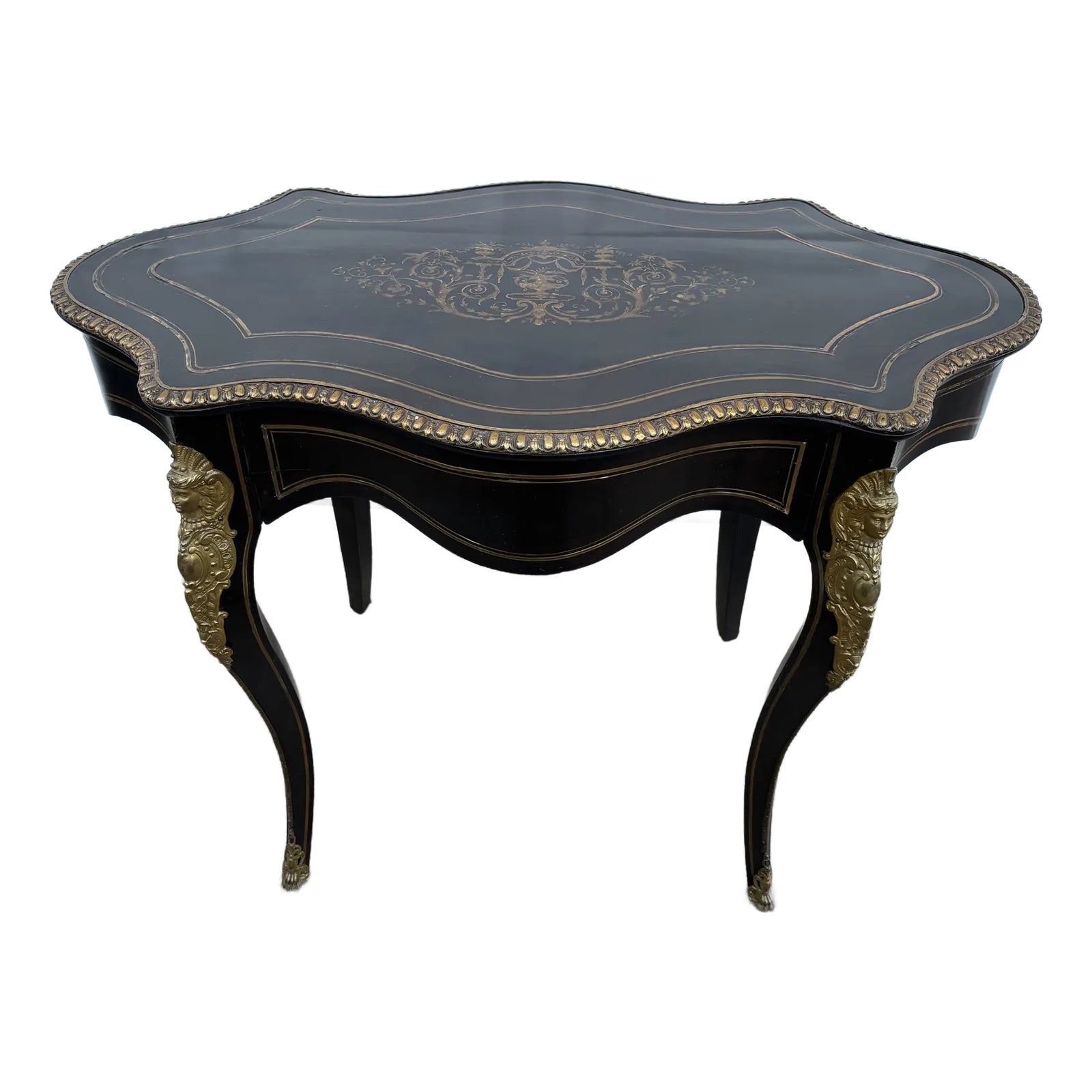 French Napoleon III Violin Side Table With Brass Inlay Ebonized Wood W ...