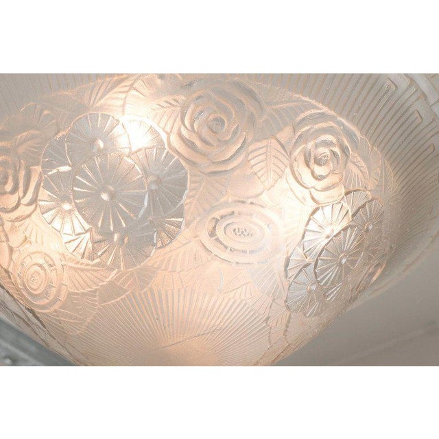 Art Deco Relief Geometric and Floral Frosted Glass Chandelier by Degue ...