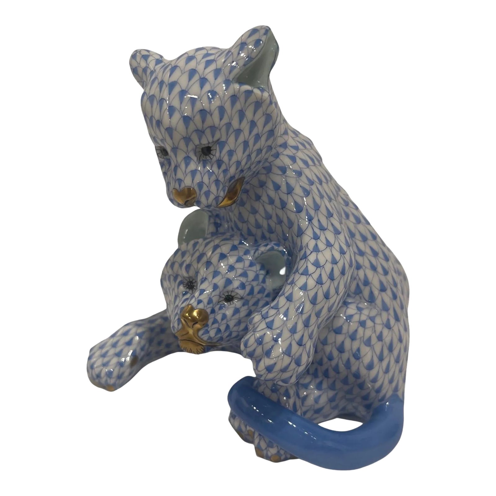 Herend Blue and White Figure of Lion Cubs, 20th Century | Chairish