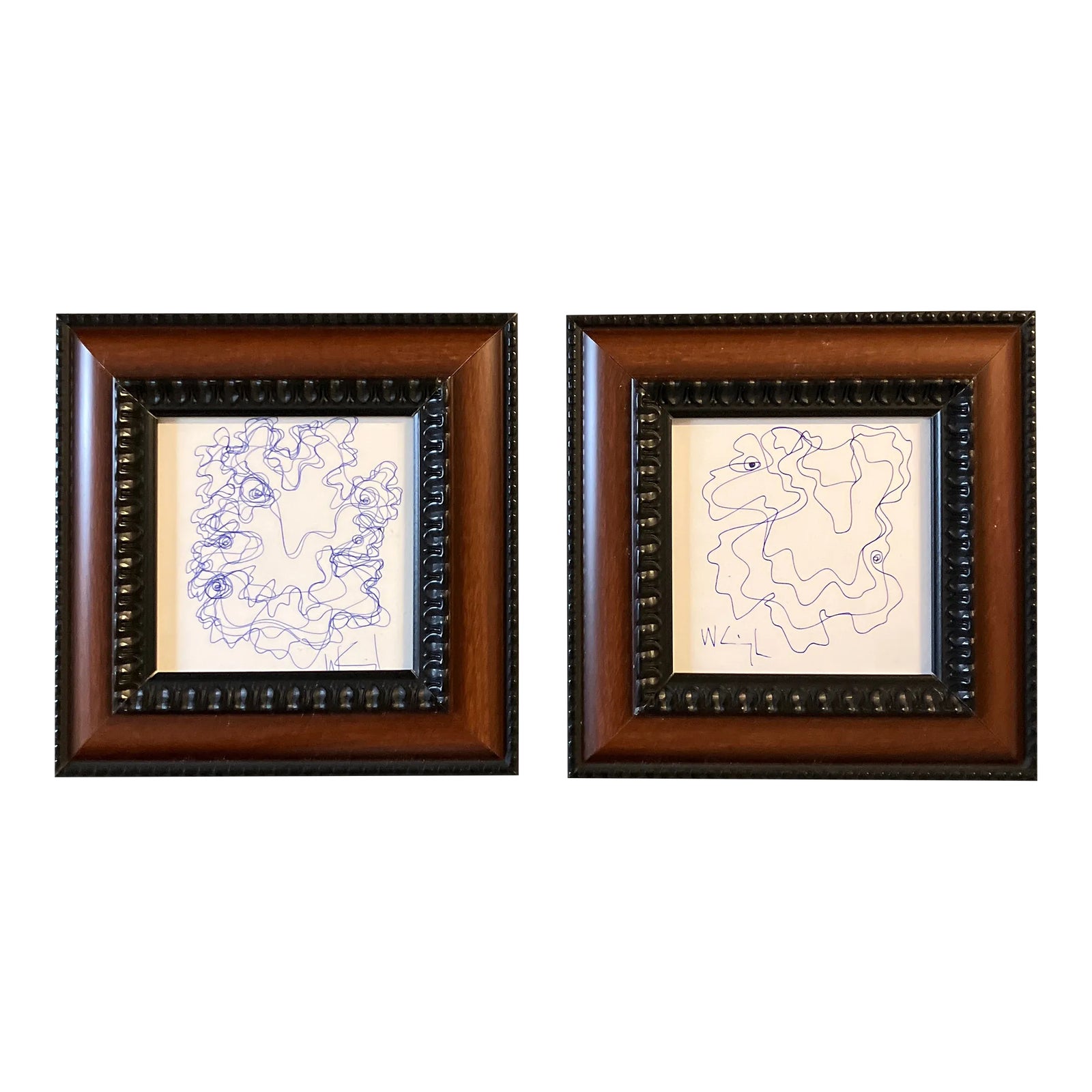 1980’s Set of 2 Original Abstract Blue Ink Drawings, Framed | Chairish