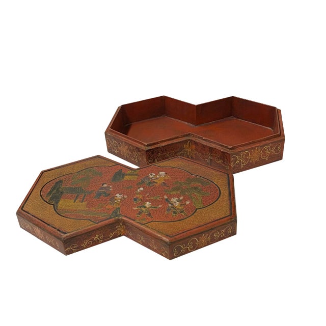 Chinese Distressed Brown People Graphic Rectangular Decagon Shape Box ...