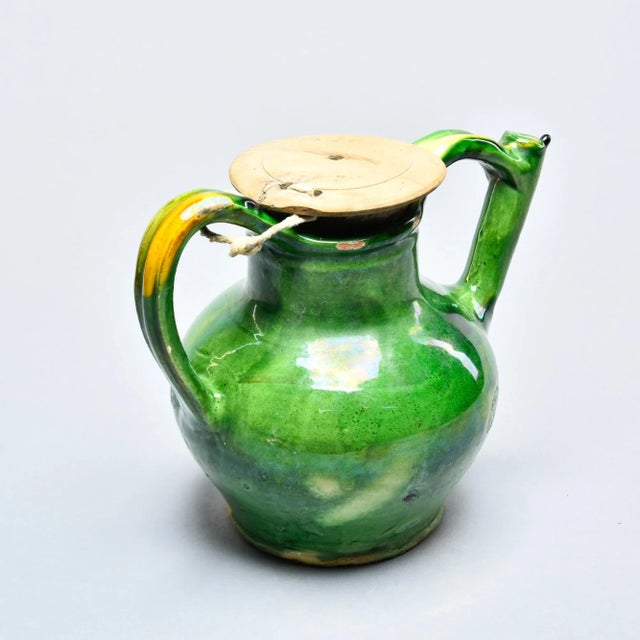 French Green Water Jug With Wooden Lid | Chairish