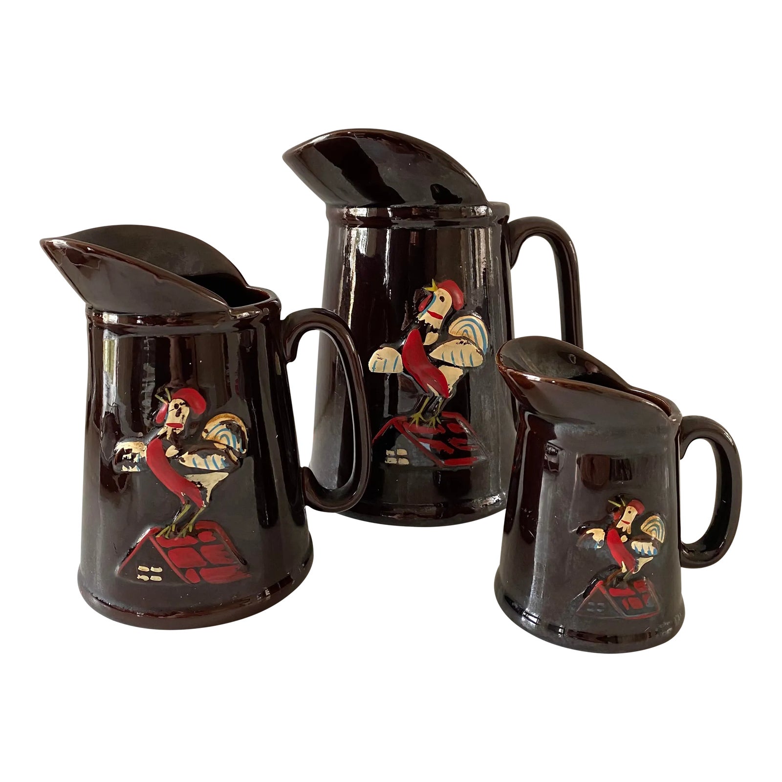 Mid Century Modern Redware Pottery Brown Rooster Pitchers - Set of 3 ...