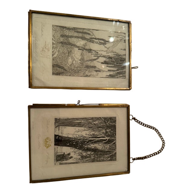 Pair of Antique Whimsical Framed French Signed Etchings | Chairish