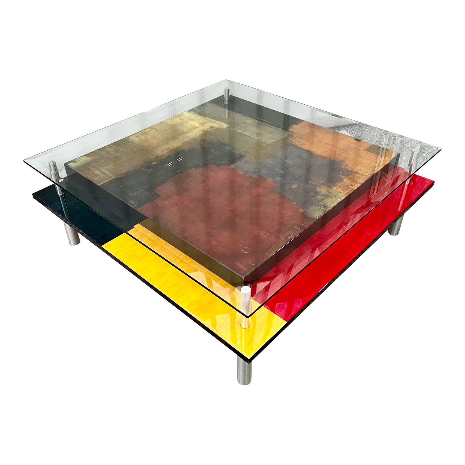 Early 2000s Abstract Print Postmodern Glass Top Coffee Table by the ...