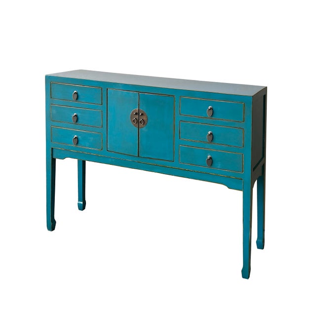 Distress Bright Blue Lacquer Tall Moon Face 6 Drawers Slim Foyer Table ...
