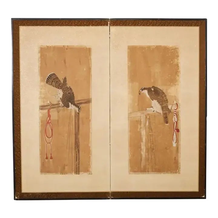 Japanese Edo Two Panel Screen Birds of Prey Hawks | Chairish