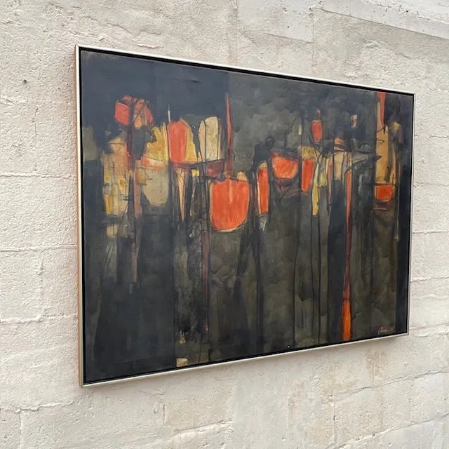 Vintage MCM Abstract Original Oil Painting on Canvas | Chairish