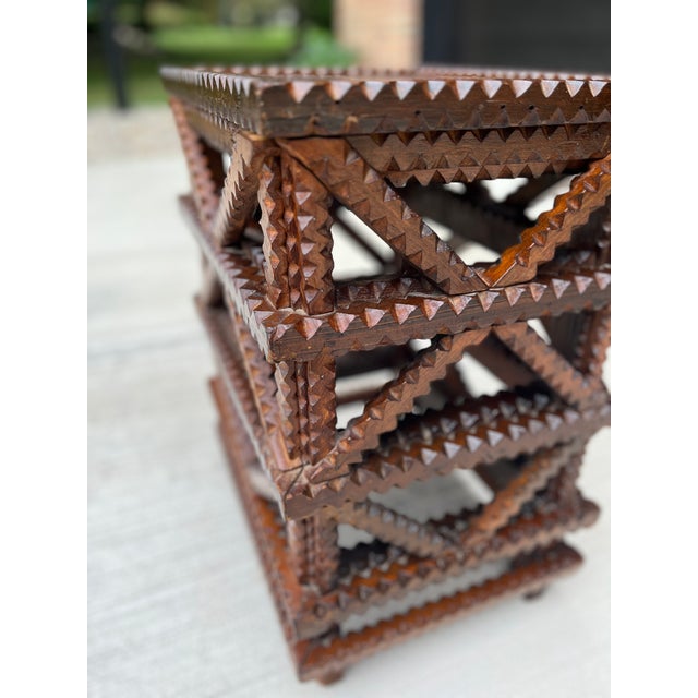 Antique 19th Century Tramp Art Tiger Wood Carved Side Table | Chairish