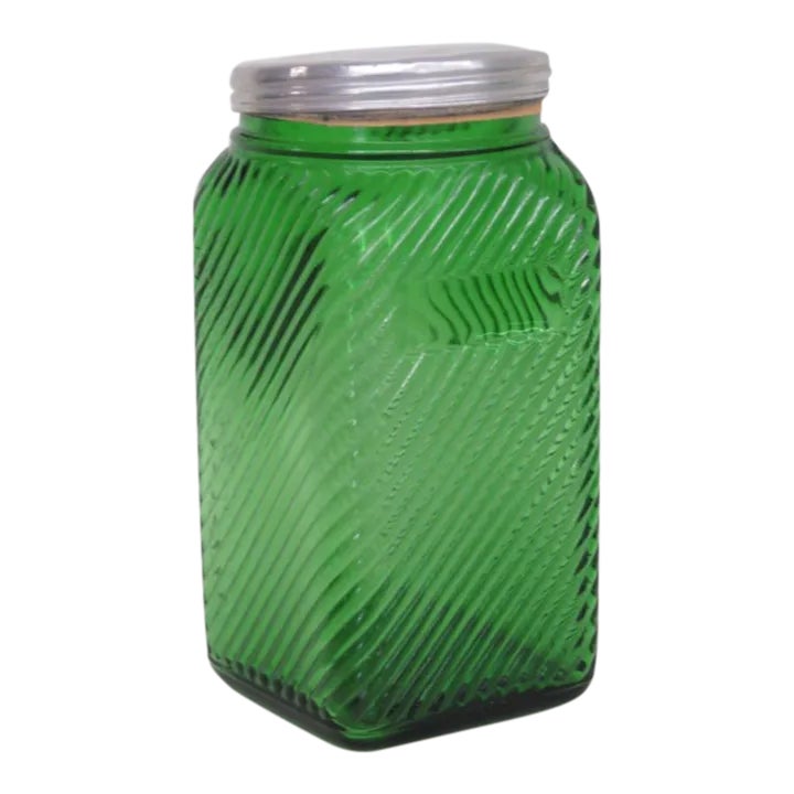 Owens Illinois Diagonal Ribbed Emerald Green Glass Sugar Jar Canister ...